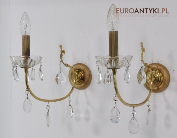 2 złote kinkiety z mosiądzu kryształowe wisiory. Lampy ścienne Vintage ...